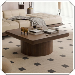George Oliver Modern Square Coffee Table Wood Veneer Top Parquet Pattern Cylindrical Base ...